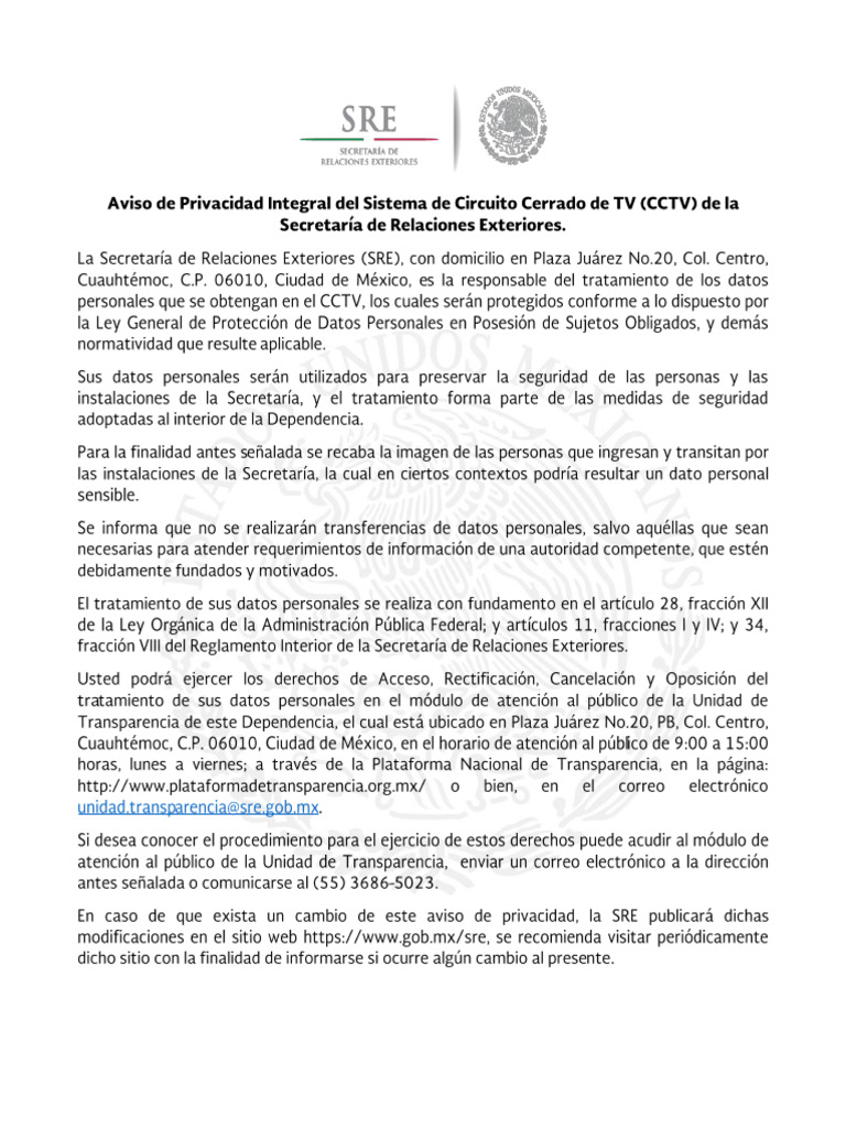 Aviso Privacidad Integral Sistema CCTV | PDF