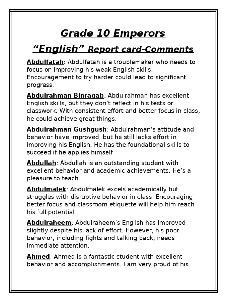 Grade 10 English Report Card Comments | PDF | Psychological Concepts ...