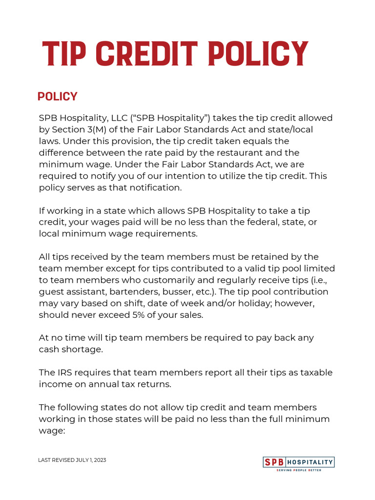 SPB Tip Credit Policy - Updated 04012022 | PDF | Gratuity | California