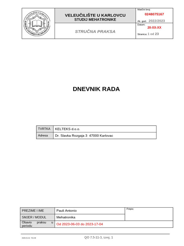 Dnevnik Rada - Studentska Praksa | PDF