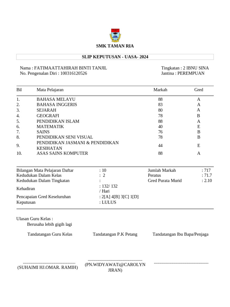 Slip Keputusan Pelajar 2021-Edit | PDF