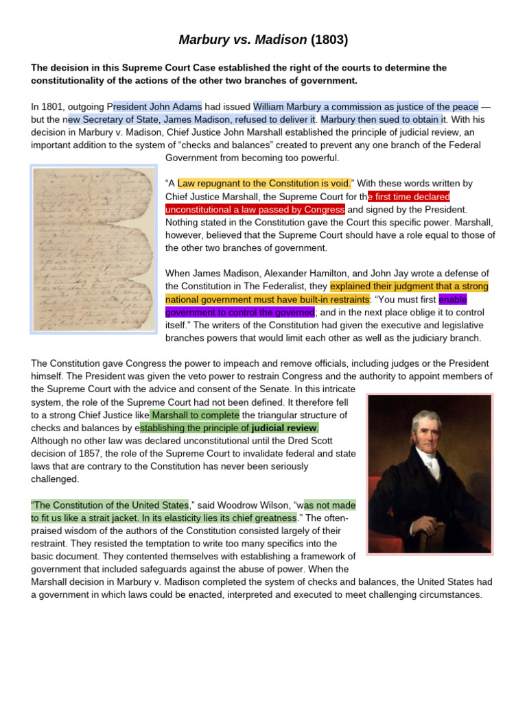 Copy of Marbury vs. Madison Case Study | PDF | Marbury V. Madison ...