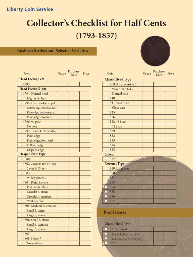 Half Cent Collector's Checklist (1793-1857) | PDF | Money | Dollar