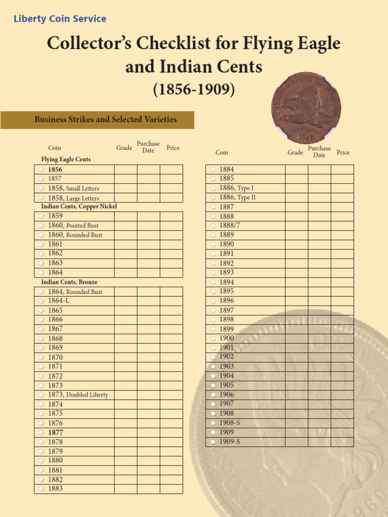Collectors Checklist Flying Eagle and Indian Cents | PDF | Penny ...
