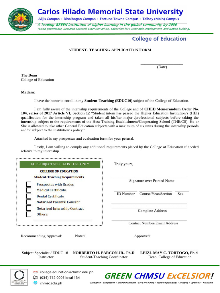 Student Teaching Application Form | PDF