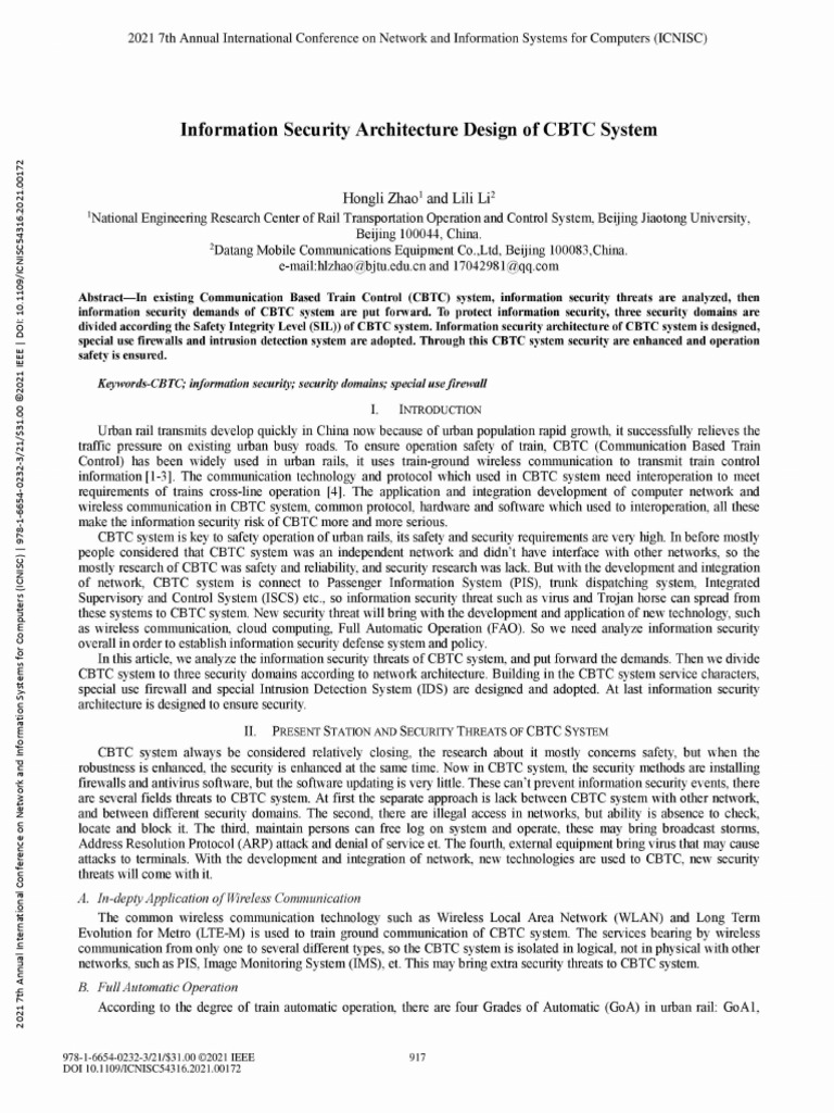 Information_Security_Architecture_Design_of_CBTC_System | PDF | Security | Computer Security