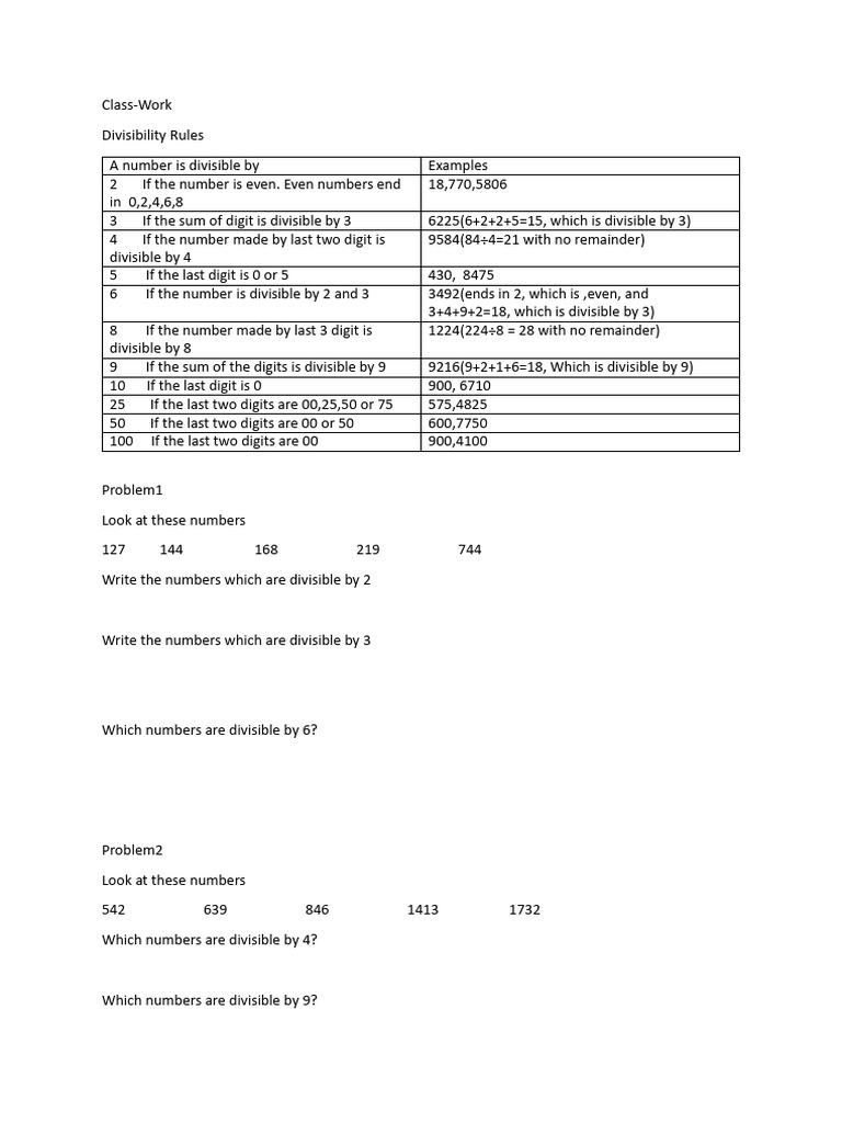Divisibility Rules and Practice Problems | PDF | Mathematics | Number ...