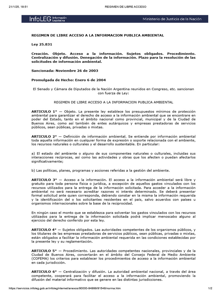 Ley 25.831 | PDF | Leyes de libertad de información por país | Entorno natural