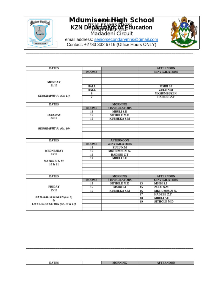 Invigilation Timetable FINAL (Internal) | PDF | Science