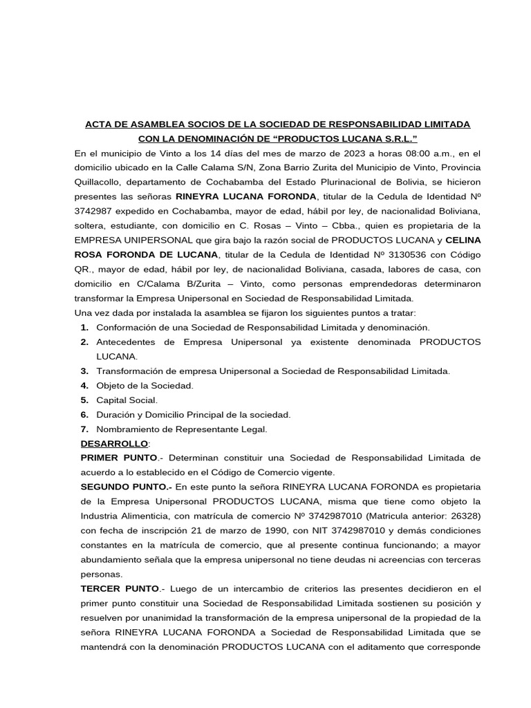 Actas de transformacion de Sociedad Lucana SRL | PDF | Business