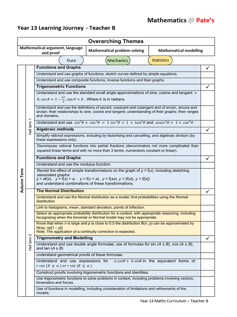7b1. Curriculum Statement Year 13-B | PDF | Trigonometric Functions | Mathematical Concepts