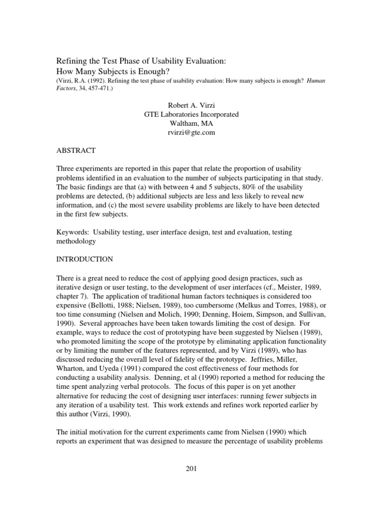 Virzi 1992 How Many Subjects | PDF | Usability | Experiment