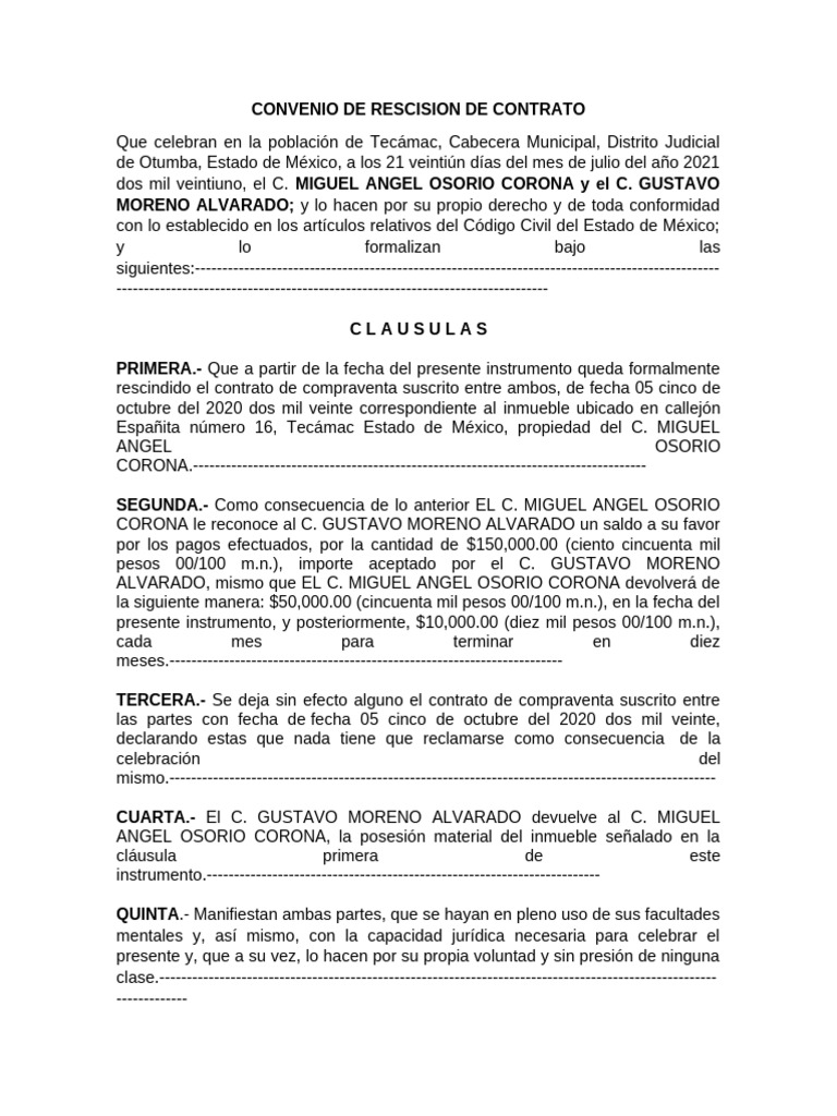 Convenio de Rescision de Contrato | PDF | Justicia | Crimen y violencia
