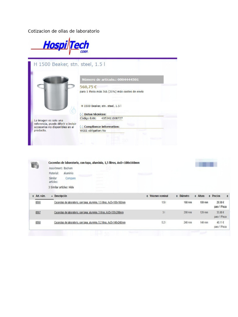 Cotizacion de Ollas de Laboratorio | PDF