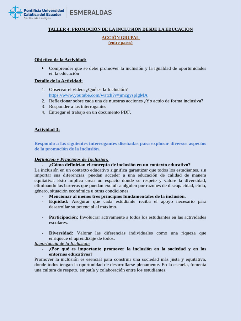 C6 - 2 - Taller - Promoción de La Inclusión en Educación FLCC | PDF | Inclusión (Educación ...