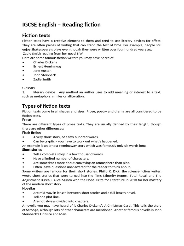 IGCSE English: Understanding Fiction Texts | PDF | Essays | Short Stories
