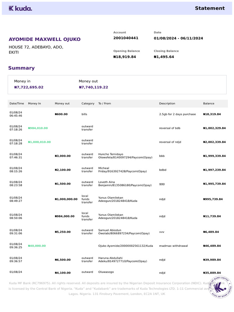 Kuda Bank Statement | PDF | Nigeria | Banking