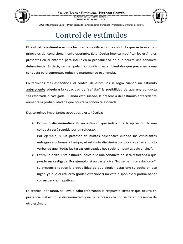 Control de Estímulos | PDF | Comportamiento | Modificación de comportamiento