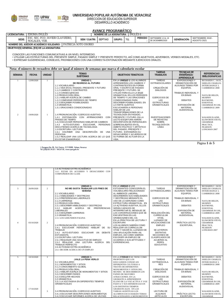 Avance Programàtico de Inglès 6 | PDF | Lingüística | Comunicación humana