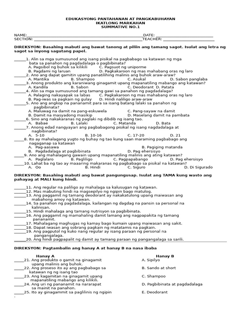 Epp4 q3 Summative 01 | PDF