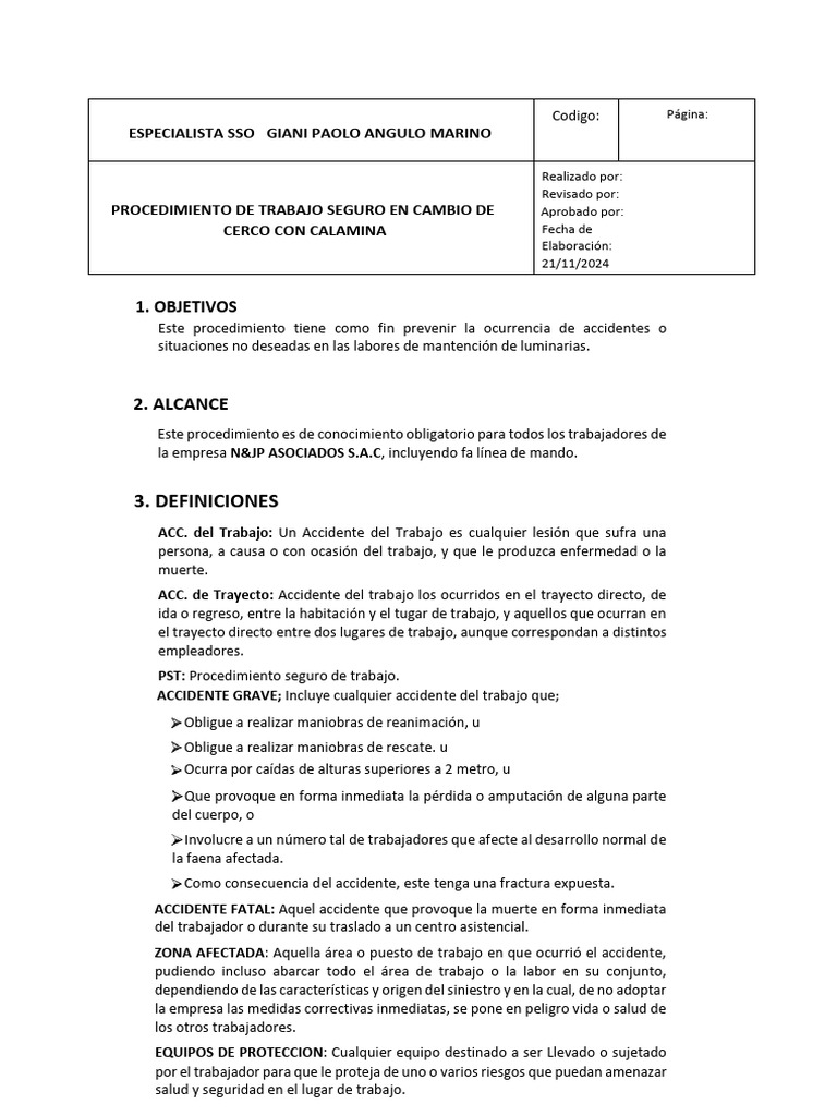 Procedimiento de Trabajo Seguro en Cambio de Calaminas de Cerco | PDF