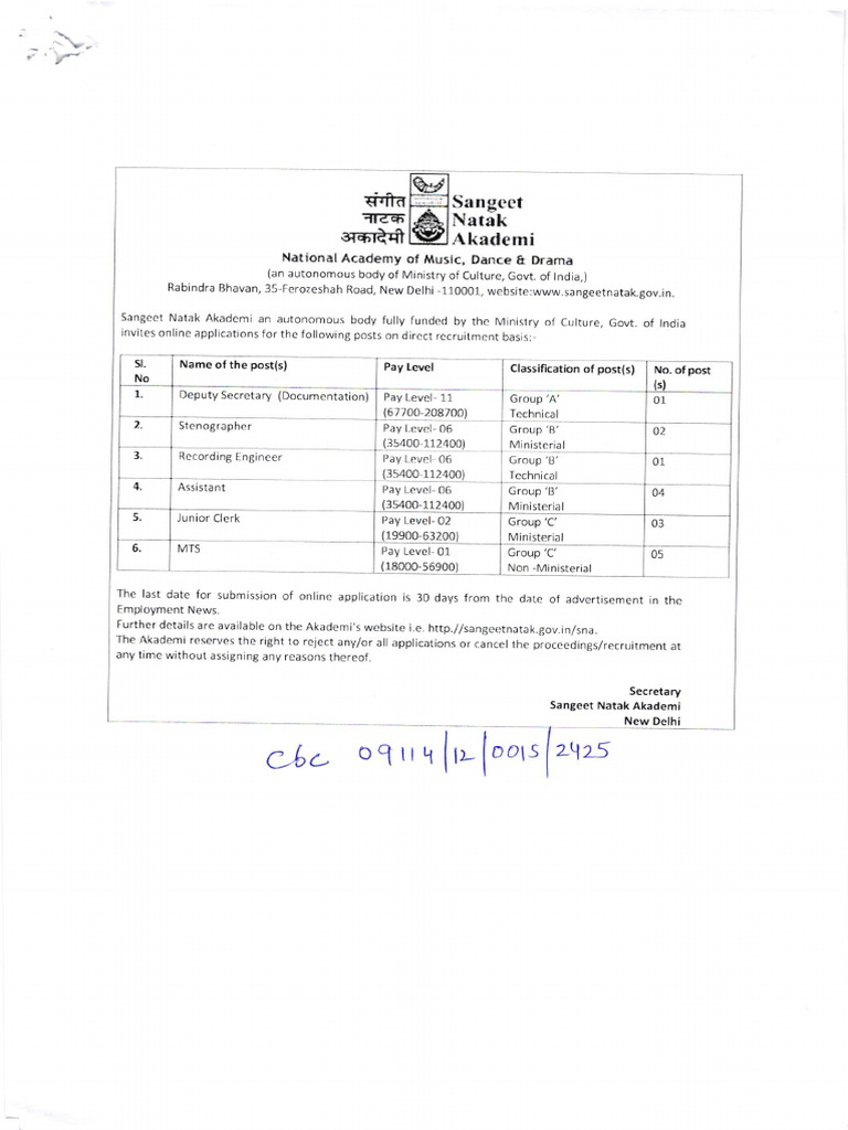 Sangeet Natak Akademi SNA Recruitment 2025 Notice | PDF | Cultural Organizations