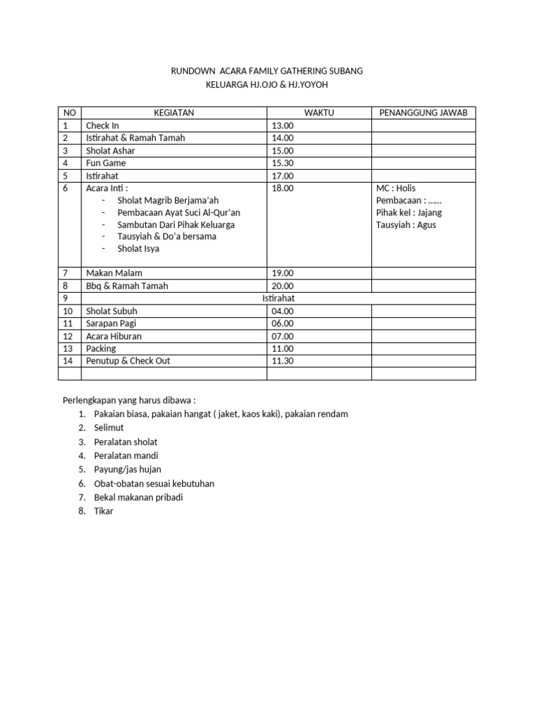 Rundown Acara Family Gathering Subang | PDF