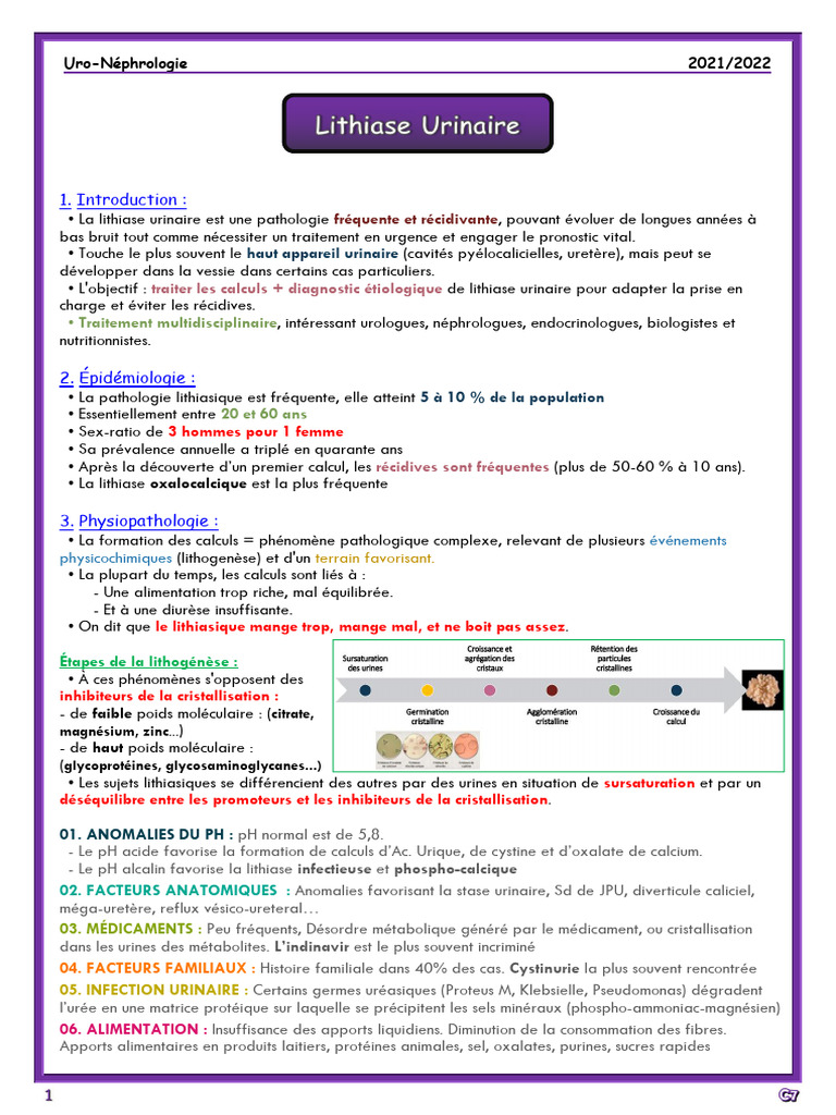 Lithiase urinaire : diagnostic et traitement | PDF | Spécialités ...