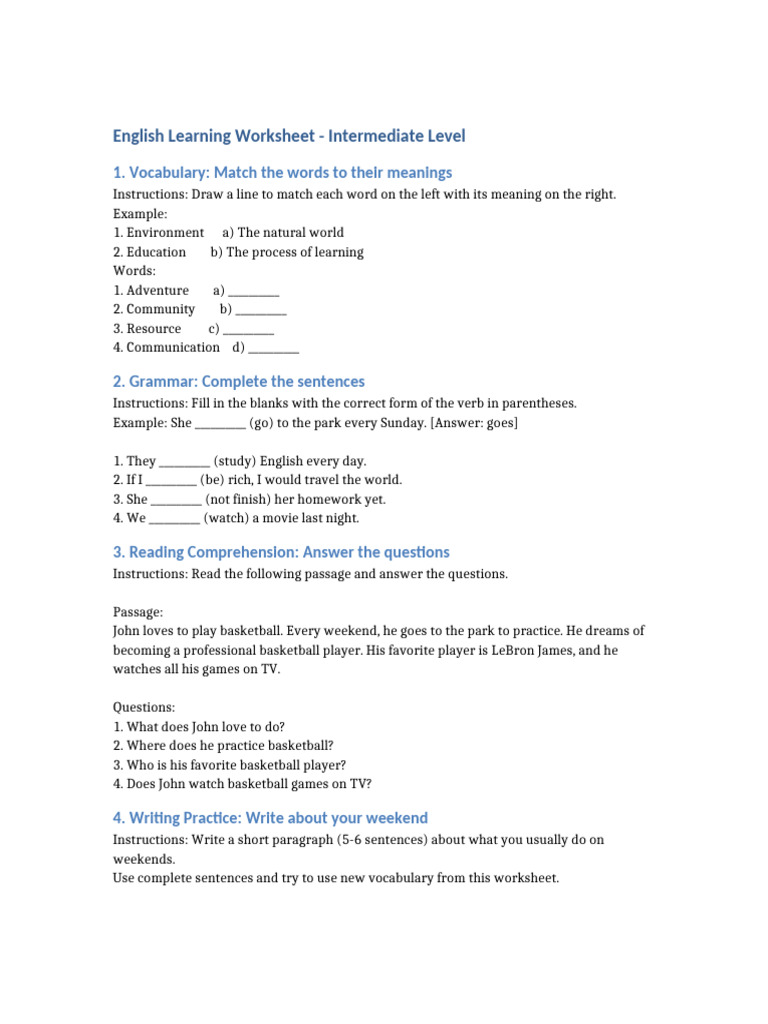 English Learning Worksheet Intermediate | PDF