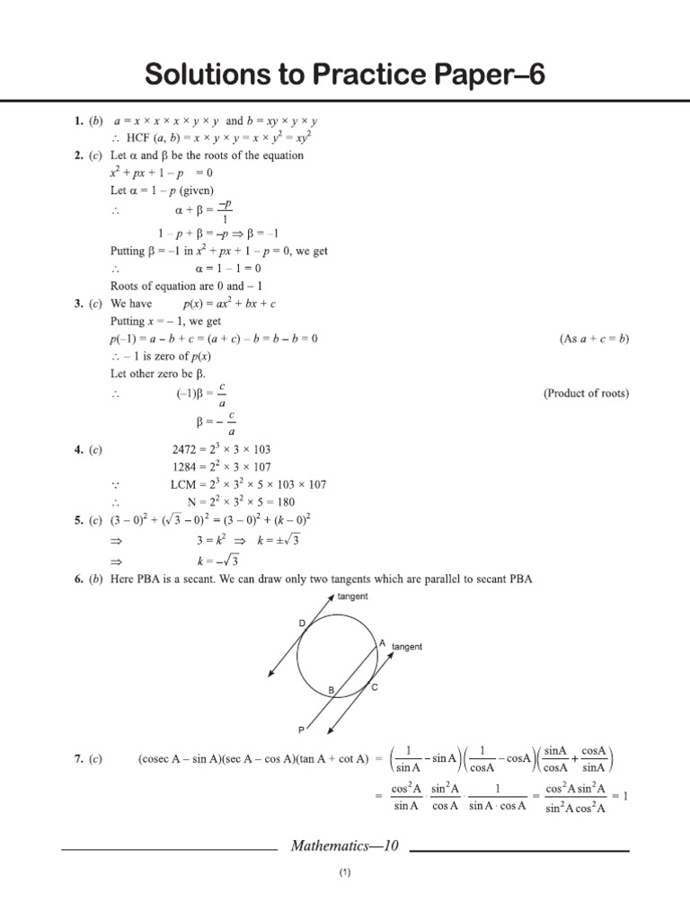 Cbse Cl10 Together With Mathematics Standard Solutions to Practice Paper 6 | PDF