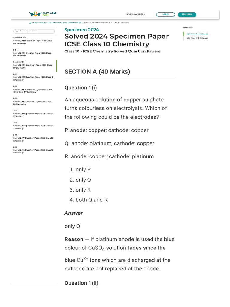 Specimen 2024_ Solved 2024 Specimen Paper ICSE Class 10 Chemistry ... Specimen 2024_ Solved 2024 Specimen Paper ICSE Class 10 Chemistry ...