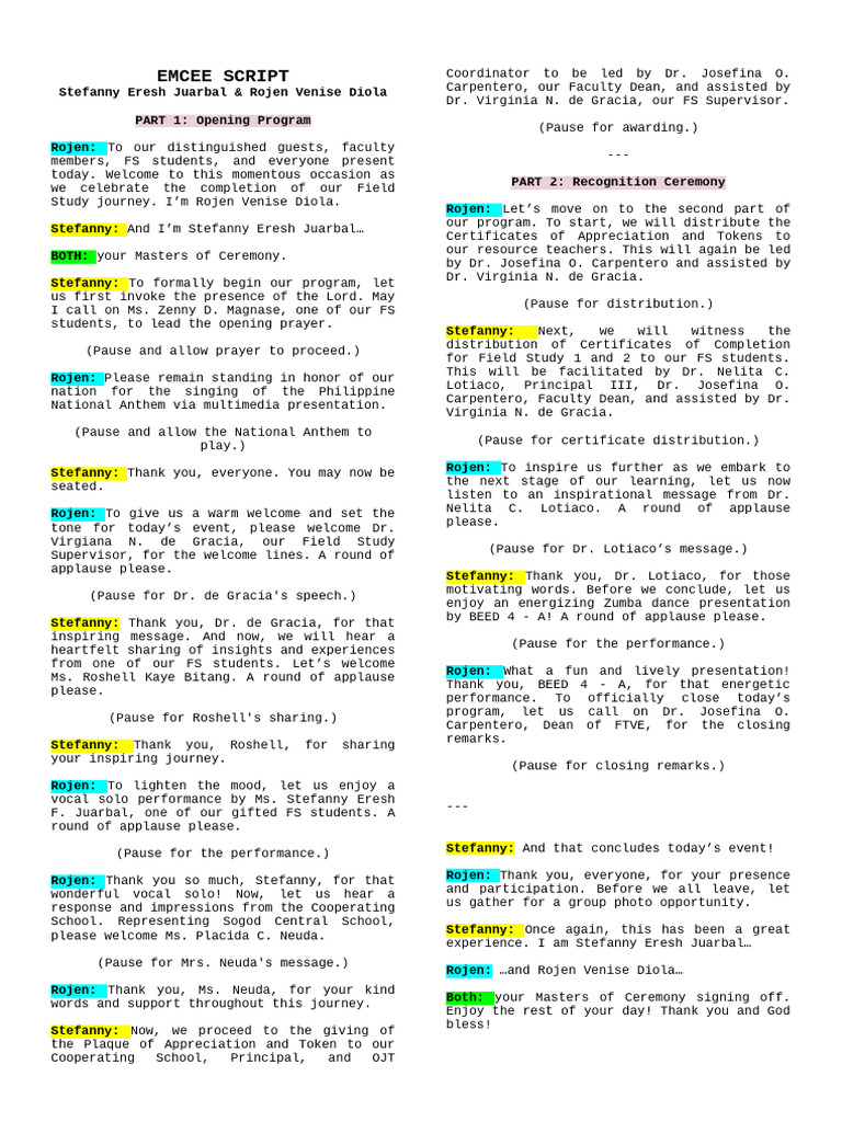 MC SCRIPT - FS 1 & 2 Completion Program | PDF