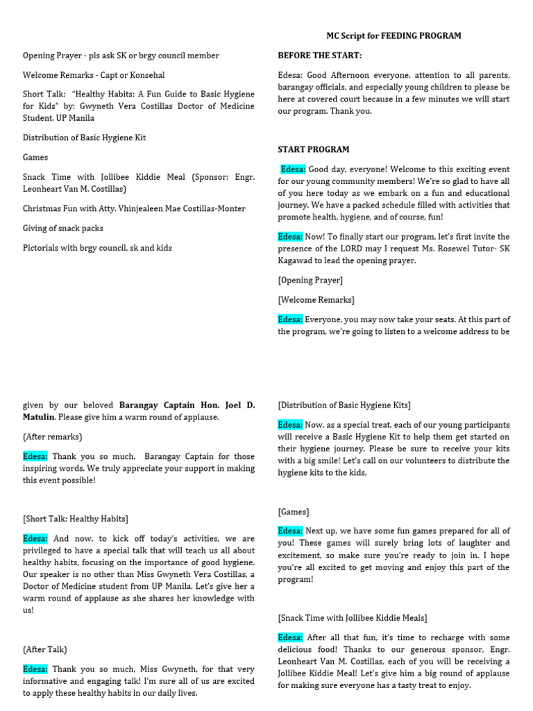 MC Script - Feeding Program (COSTILLAS) | PDF