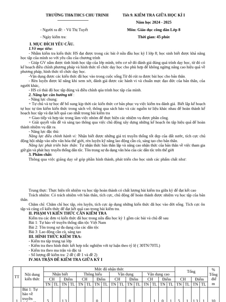 Đề giữa kì GDCD 8 | PDF