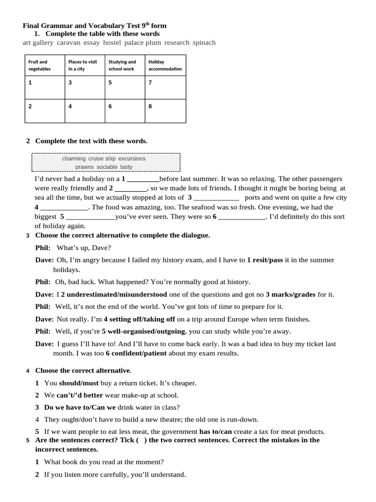 9th Grade Grammar and Vocabulary Test | PDF