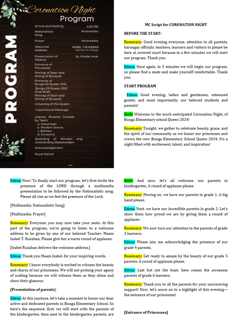 MC Script - Bunga ES QUEEN 2024 | PDF