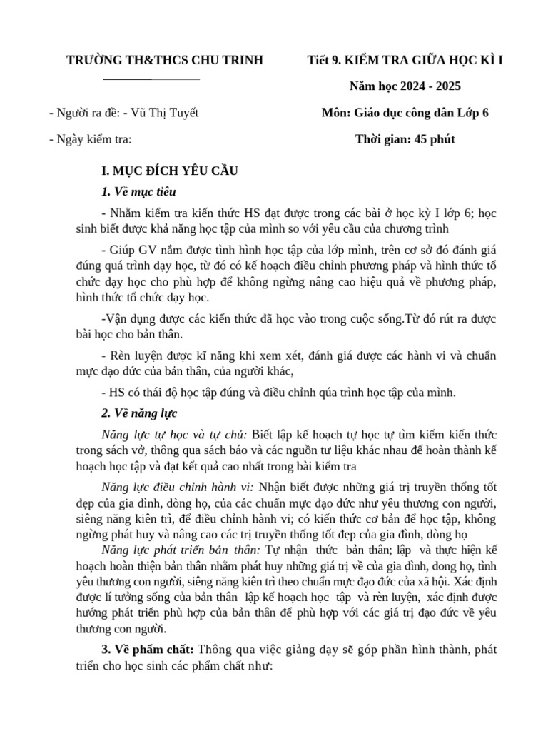 Đề giữa kì I GDCD 6 | PDF