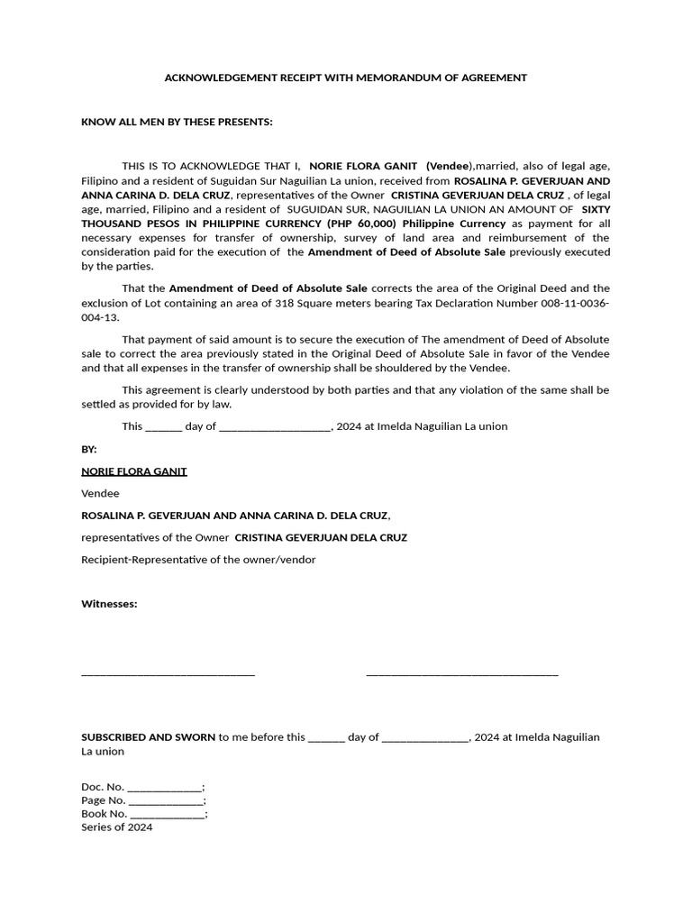 Acknowledgement Receipt With Memorandum of Agreement | PDF