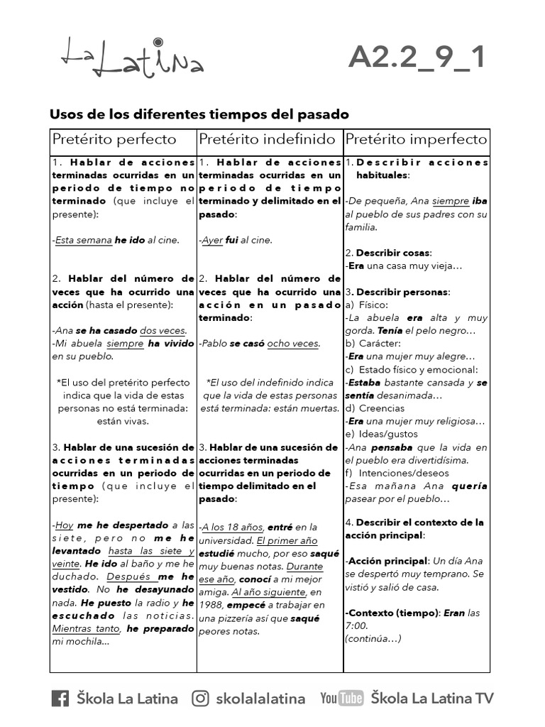 Usos de los tiempos del pasado en español | PDF