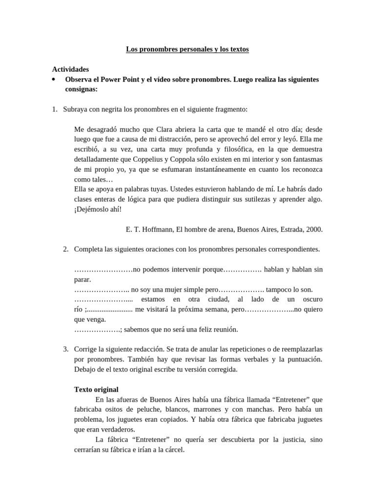 Pronombres personales en textos y actividades | PDF