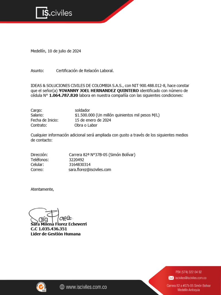 CERTIFICADO LABORAL Ideas | PDF