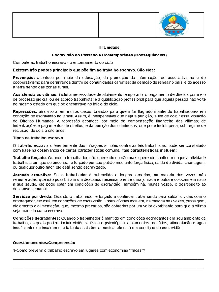 Escravidão Passada e Contemporanea 2024 1º Ano e T Juvenil | PDF | Escravidão | Brasil