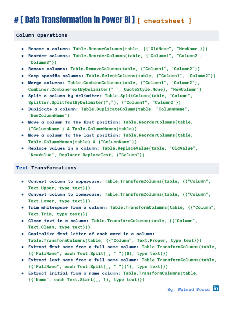 Data Transformation in Power BI Cheatsheet 1731972784 | PDF | Numbers | Arithmetic