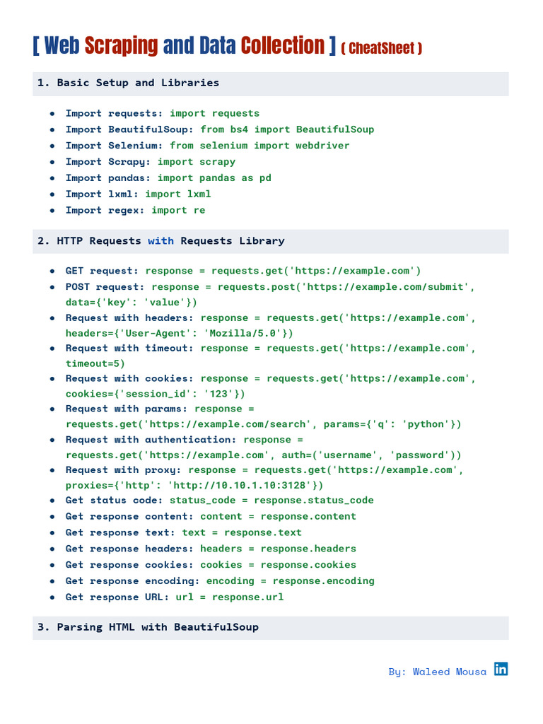 Web Scraping and Data Collection CheatSheet 1731972399 | PDF | Http Cookie | Json