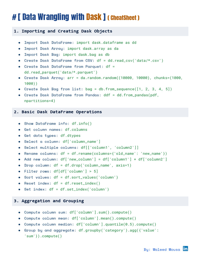 Data Wrangling With Dask CheatSheet 1731972488 | PDF | String (Computer Science) | Mean