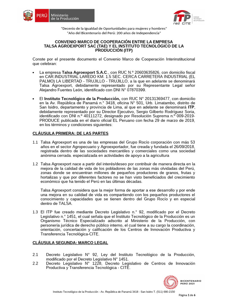 Convenio Marco Itp -Talsa Agroexport | PDF | Perú | Propiedad intelectual