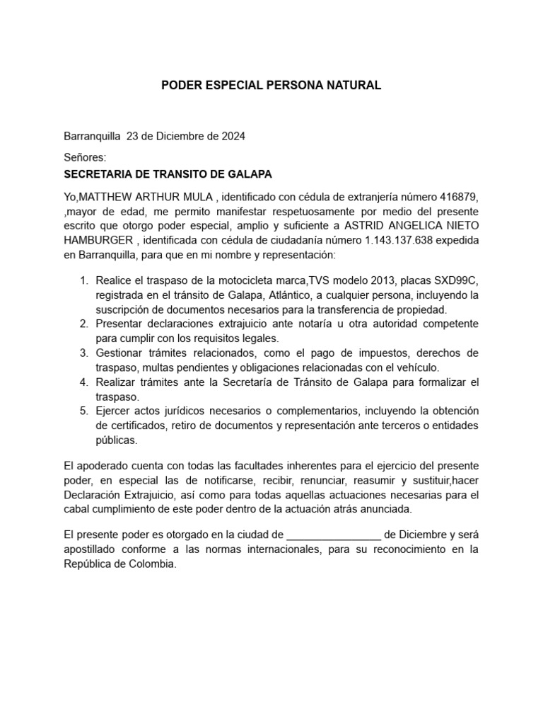 Poder Especial para Traspaso de Moto | PDF