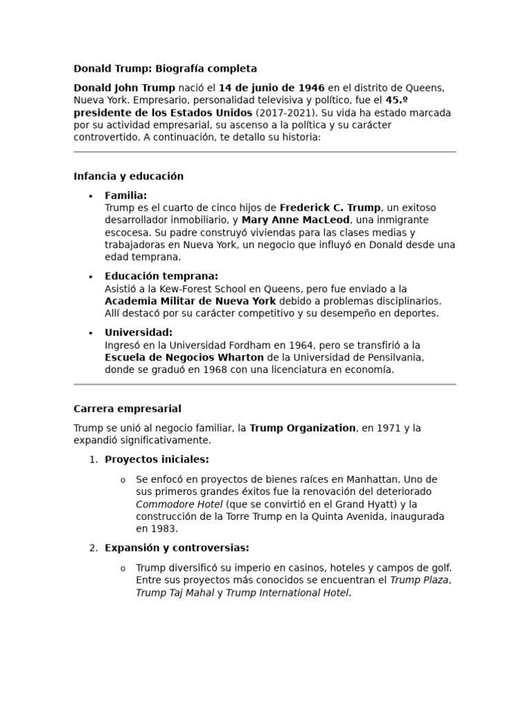 Biografía de Donald Trump: Empresario y Presidente | PDF | Donald Trump ...