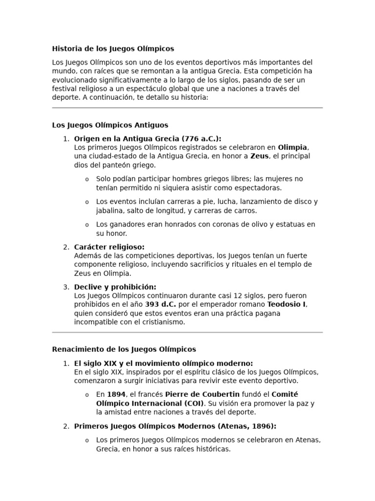 Historia de los Juegos Olímpicos | PDF | Juegos olímpicos | Antigua Grecia