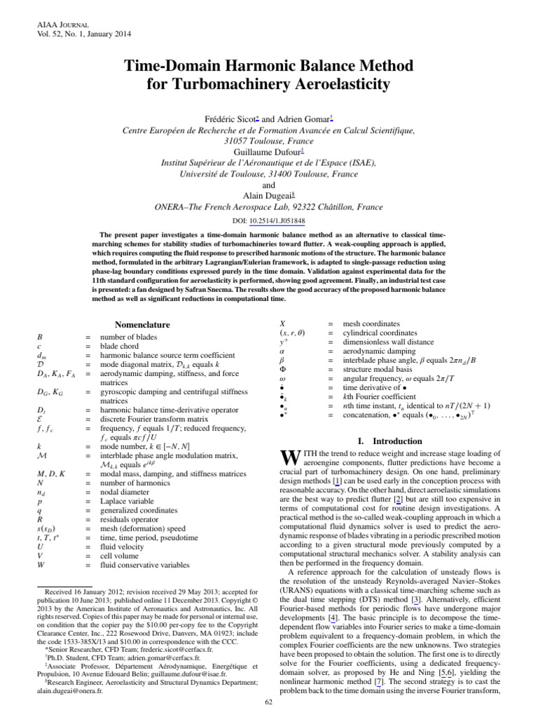 Sicot, 2014 - Time-Domain Harmonic Balance Method For Turbomachinery Aeroelasticity | PDF ...